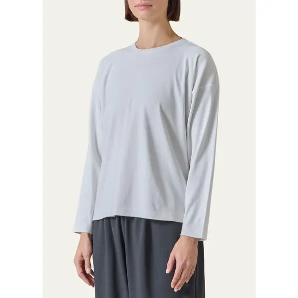 Eskandar Cotton Jersey Long Sleeve Smaller Round Neck Top Mid Length - Silver