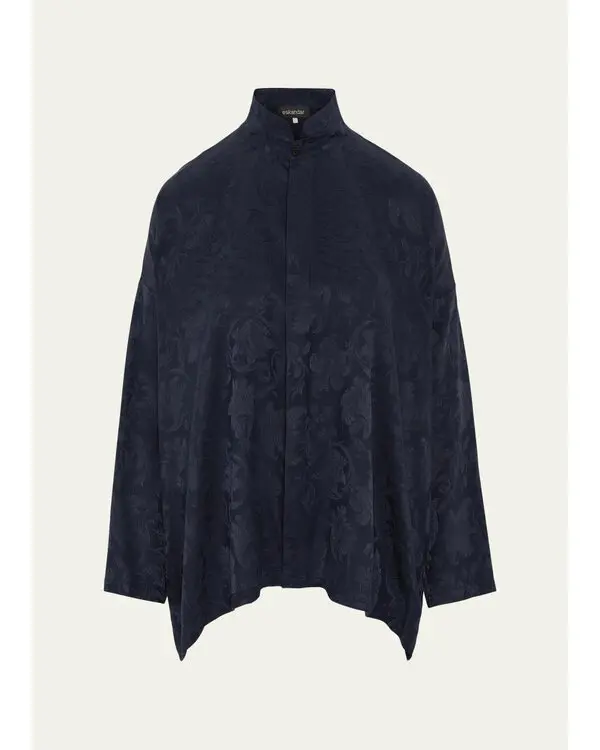 Eskandar Wide A-line Double Stand Collar Shirt Mid Plus Length - Navy