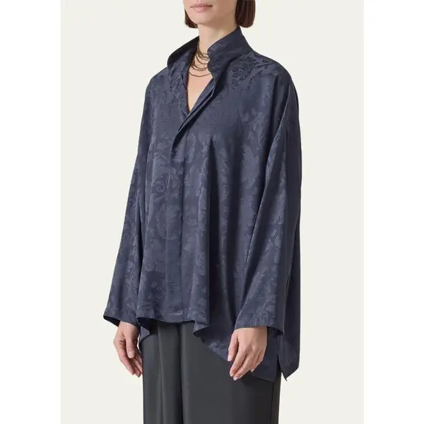 Eskandar Wide A-line Double Stand Collar Shirt Mid Plus Length - Navy