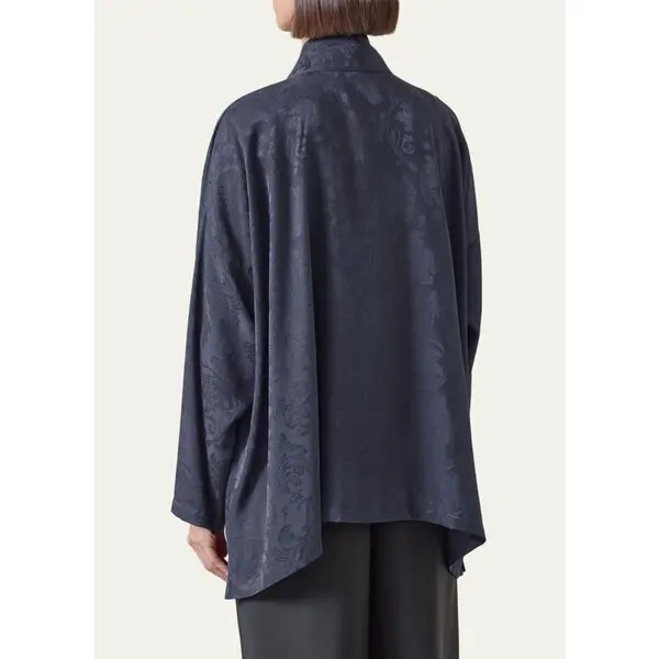 Eskandar Wide A-line Double Stand Collar Shirt Mid Plus Length - Navy
