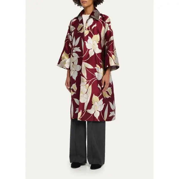 Eskandar Sloped Shoulder Wide A-line Open Jacket With Collar 3/4 Length