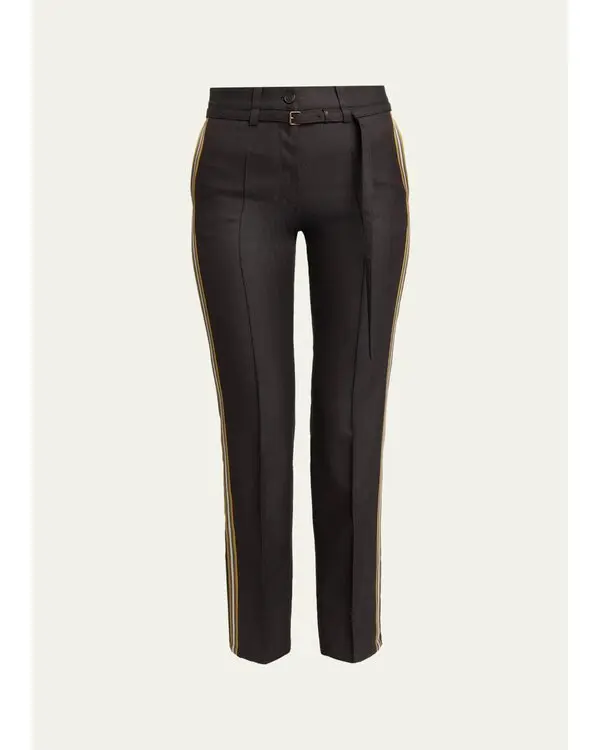 Dries Van Noten Side-stripe Herringbone Wool Straight-leg Pants With Belt