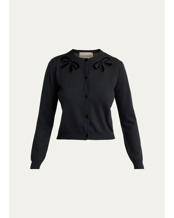 Valentino Garavani Velvet Bow Wool Crewneck Cardigan - Black