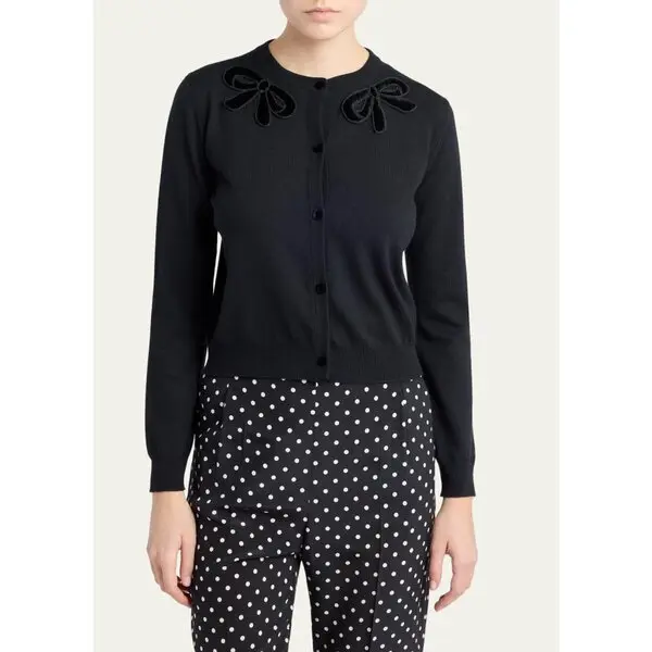 Valentino Garavani Velvet Bow Wool Crewneck Cardigan