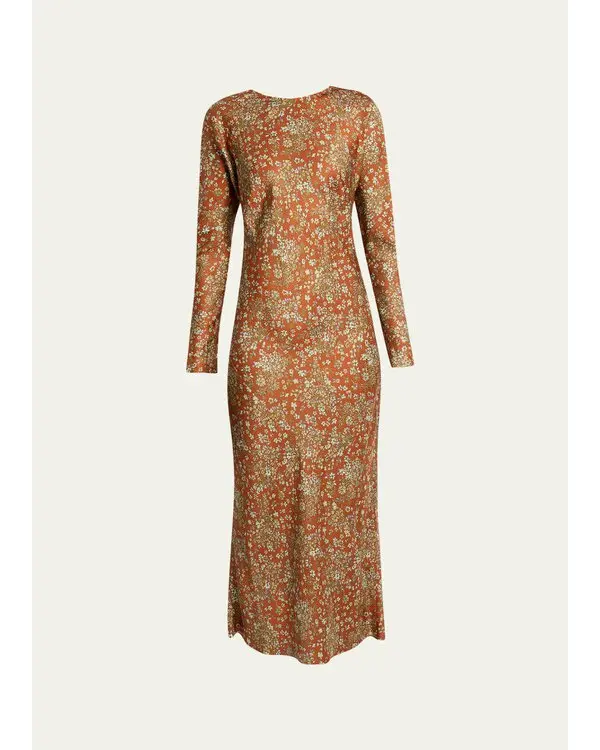 Dries Van Noten Floral Satin Long-sleeve Midi Dress - Rust