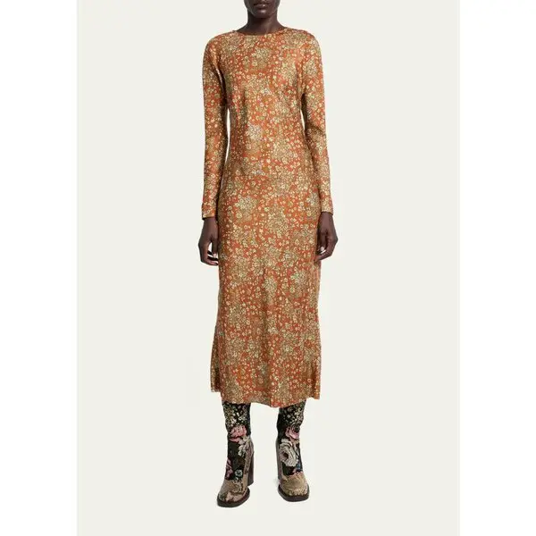 Dries Van Noten Floral Satin Long-sleeve Midi Dress