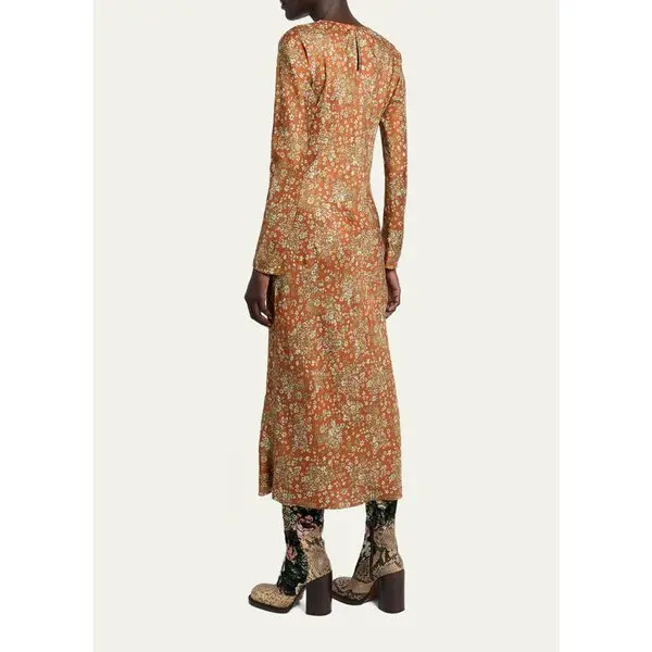 Dries Van Noten Floral Satin Long-sleeve Midi Dress