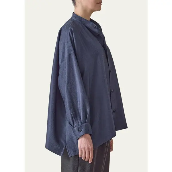 Eskandar Midweight Silk Plisse Wide A-line Shirt - Navydark