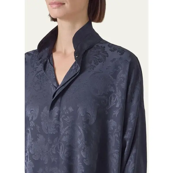 Eskandar Wide A-line Double Stand Collar Shirt Very Long Length With Slits - Navy