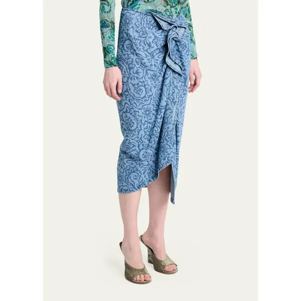 Dries Van Noten Sinas Floral Denim Ruffle Midi Skirt