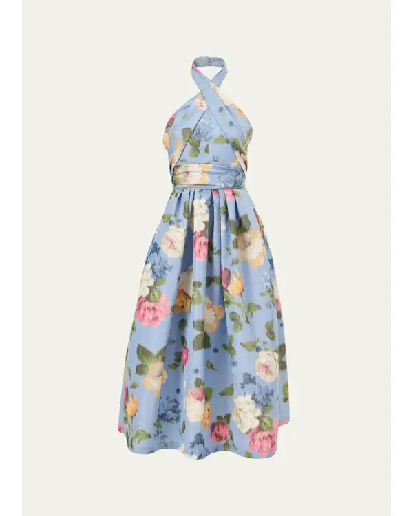 Carolina Herrera Floral Crisscross Halter Midi Dress - Cloudy Blue/multi