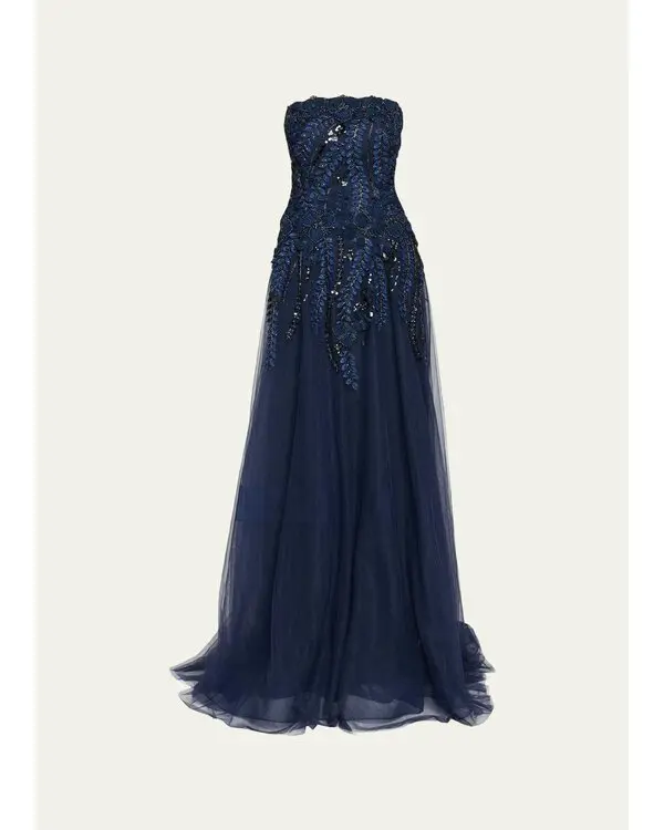 Rickie Freeman For Teri Jon Floral-embellished Tulle Strapless Gown - Navy