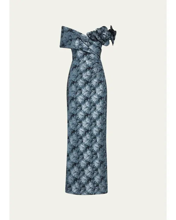 Rickie Freeman For Teri Jon 3d Floral Metallic Jacquard Column Gown - Slate Multi