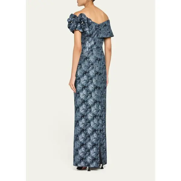 Rickie Freeman For Teri Jon 3d Floral Metallic Jacquard Column Gown