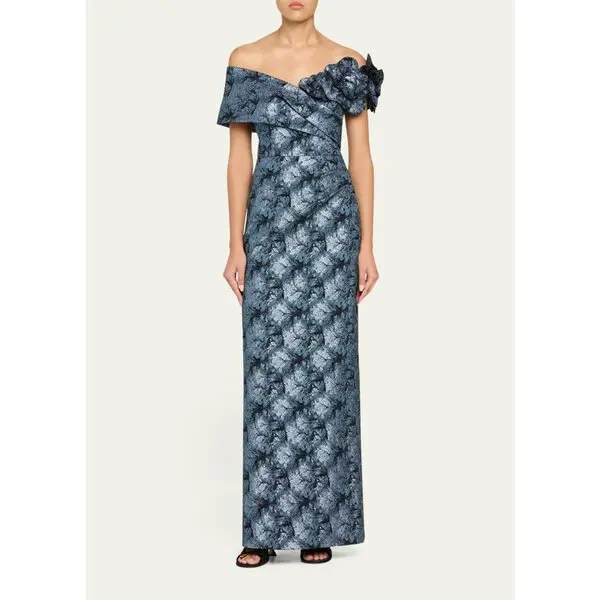 Rickie Freeman For Teri Jon 3d Floral Metallic Jacquard Column Gown
