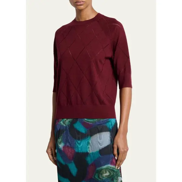 Dries Van Noten Diamond Knit Elbow-sleeve Crewneck Sweater