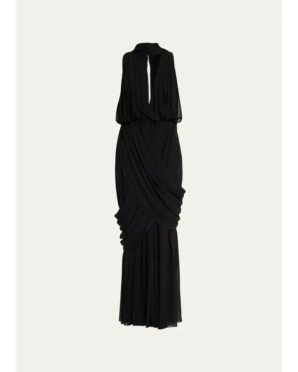 ET OCHS Arabella Plunging Draped Column Gown - Black