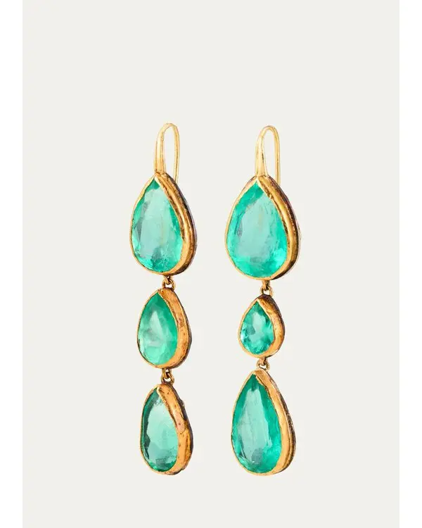 Judy Geib 18k Bright Colombian Pear-shaped Triple-dangle Earrings - Emerald