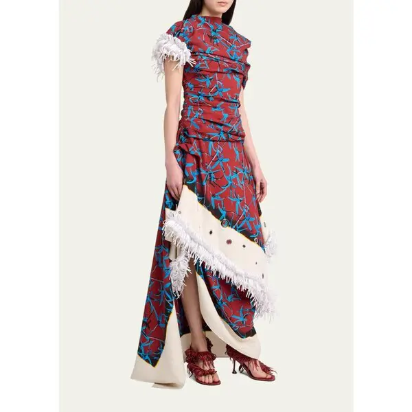 Proenza Schouler Bodine Asymmetric Draped Grommet Fringe High-low Dress - Madder Multi