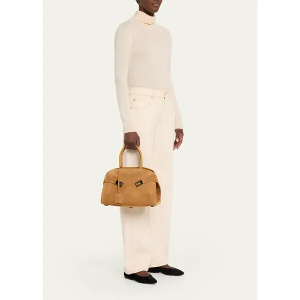 FERRAGAMO Hug Medium Suede Handbag - Natural