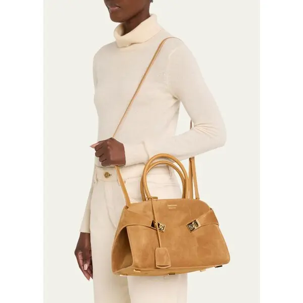 FERRAGAMO Hug Medium Suede Handbag - Natural