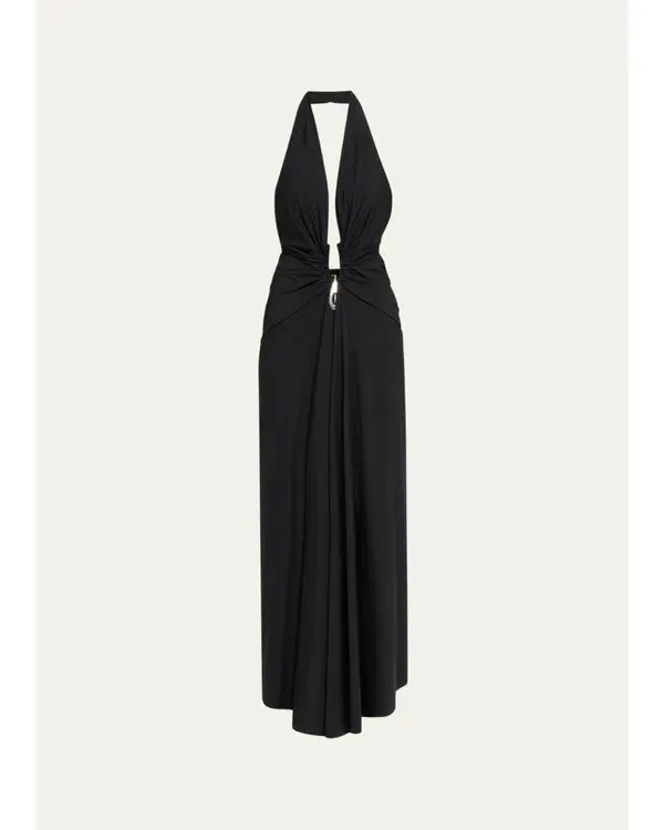 Christopher Esber Crystal Pendant Plunging Halter Maxi Dress - Black