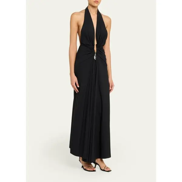 Christopher Esber Crystal Pendant Plunging Halter Maxi Dress - Black