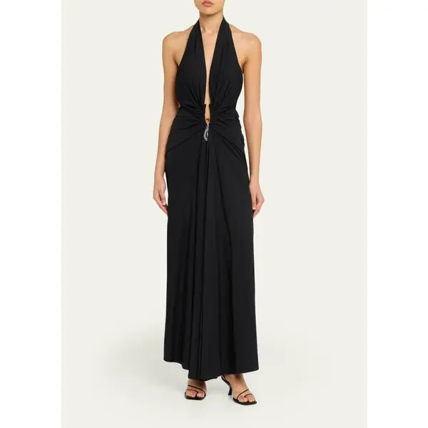 Christopher Esber Crystal Pendant Plunging Halter Maxi Dress - Black