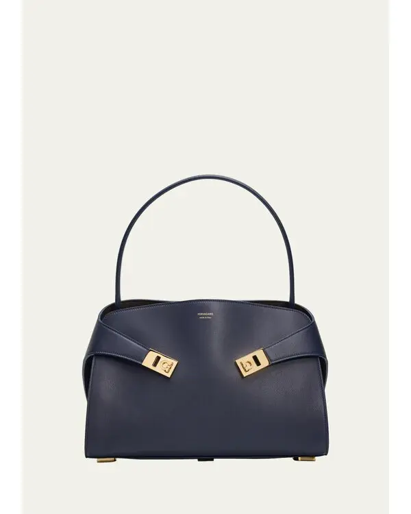 FERRAGAMO Hug Small Leather Top Handle Bag - Navy