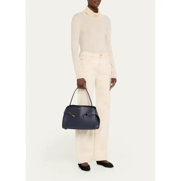 FERRAGAMO Hug Small Leather Top Handle Bag - Navy