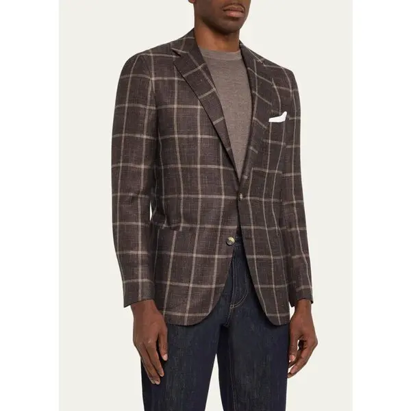 Kiton Windowpane Cashmere And Silk Single-breasted Sport Coat