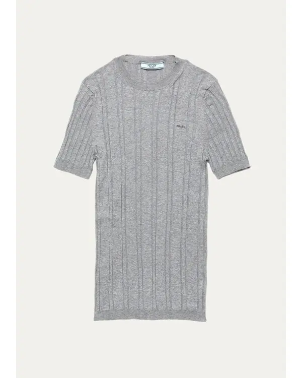 Prada Logo-embroidered Cotton Ribbed Short-sleeve Sweater - Gray