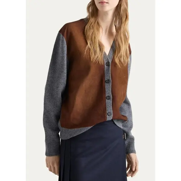 Prada Suede & Wool Knit V-neck Cardigan