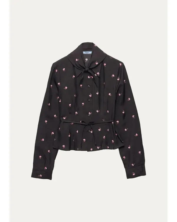 Prada Neck-scarf Floral Silk Button-down Blouse