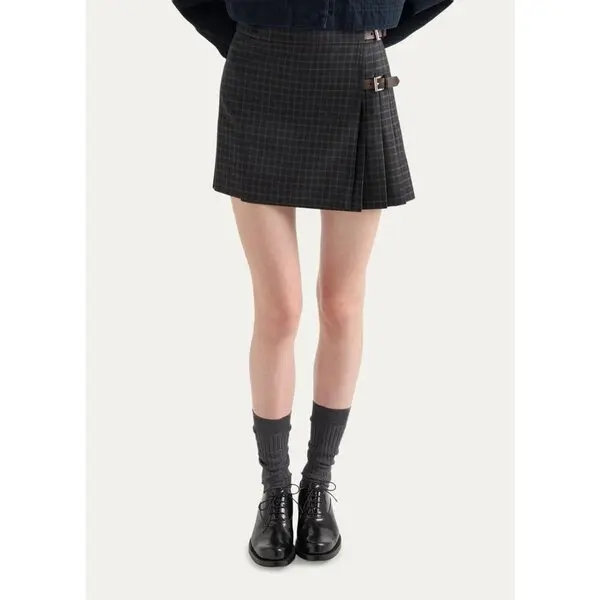 Prada Check Pleated Buckle Wrap Mini Skirt