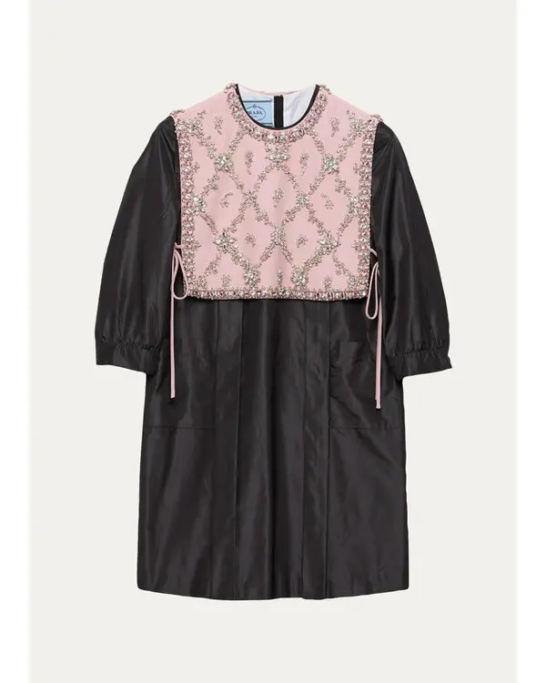 Prada Crystal Bib Silk Taffeta Mini Dress - Nero