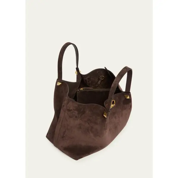 Valentino Garavani Large Rockstud Suede Shopping Tote Bag - Ebony