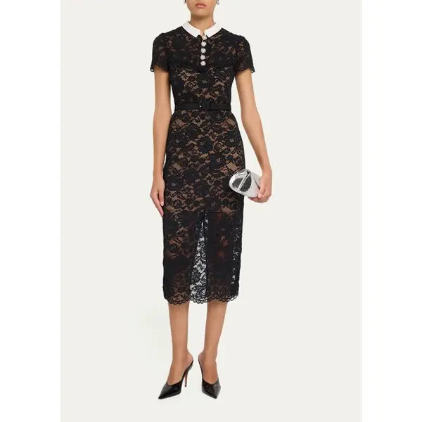 SELF-PORTRAIT Lace Contrast Collar Midi Dress