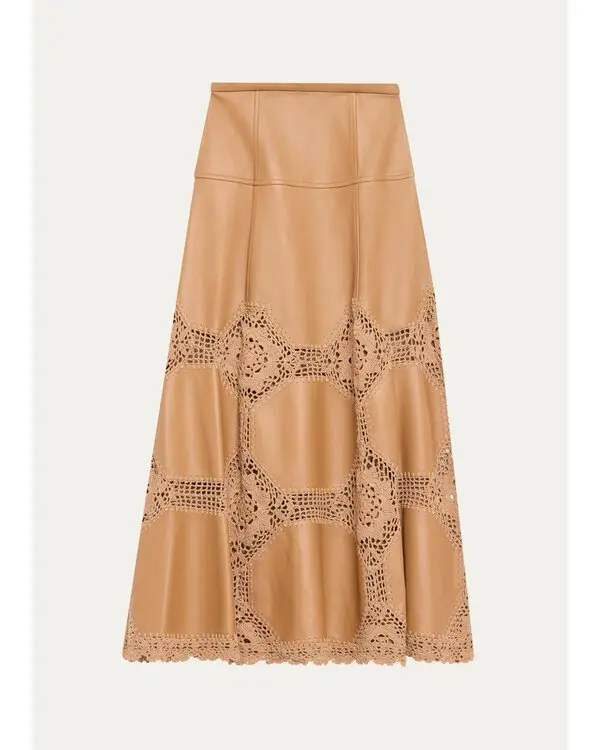 Ulla Johnson Izra Crochet & Leather Midi Skirt - Camel