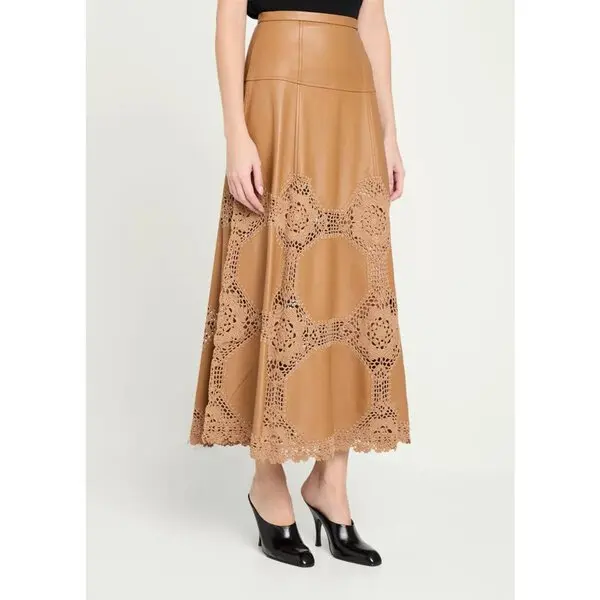 Ulla Johnson Izra Crochet & Leather Midi Skirt - Camel