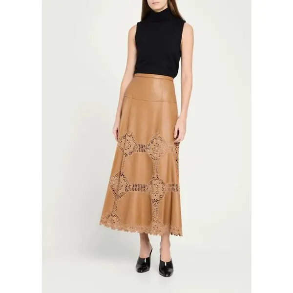 Ulla Johnson Izra Crochet & Leather Midi Skirt - Camel