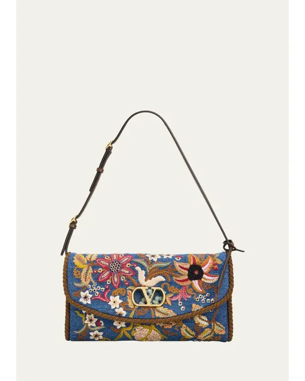 Valentino Garavani Devain Small Embroidered Denim Shoulder Bag