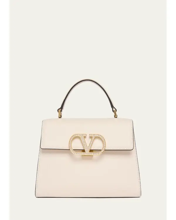 Valentino Garavani Small Crystal Vlogo Leather Top-handle Bag - Light Ivory