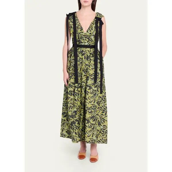 Ulla Johnson Karina Sleeveless Floral Cotton Bow Midi Dress - Chartreuse