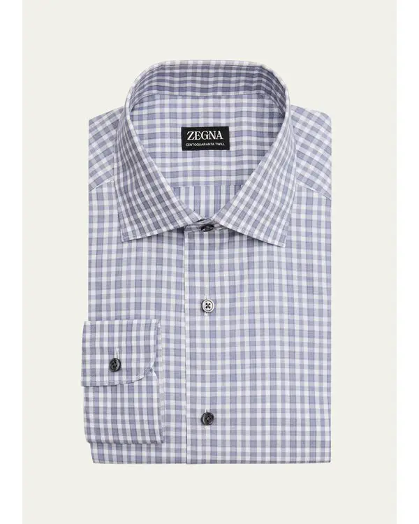 Zegna Centoquaranta Twill Cotton Plaid Dress Shirt