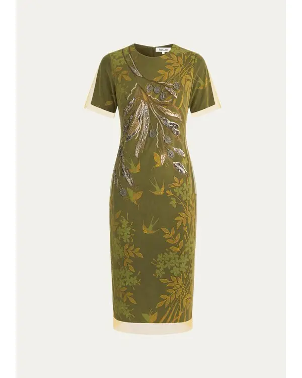 Diane Von Furstenberg Olive Embroidered Floral Midi Dress