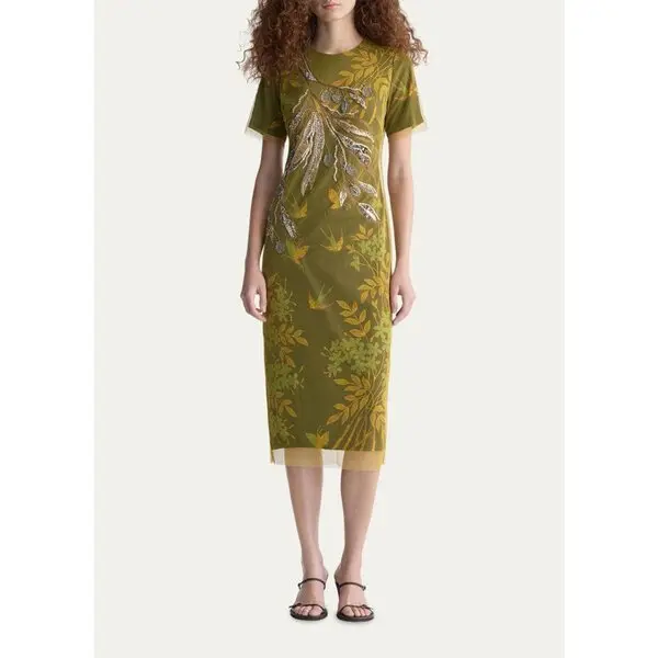Diane Von Furstenberg Olive Embroidered Floral Midi Dress