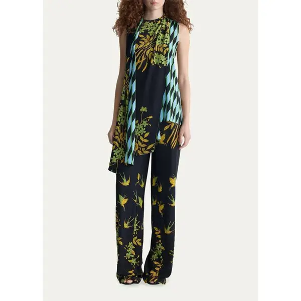 Diane Von Furstenberg Draped Mixed-print Mulberry Silk Top