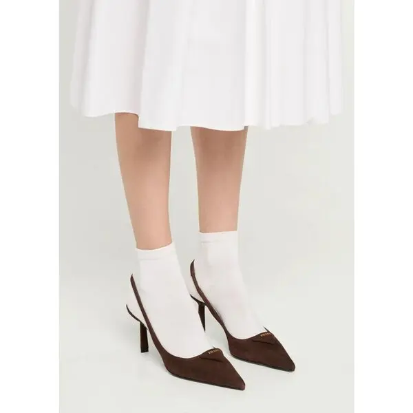 Prada 75mm Puffy Triangle Logo Suede Slingback Pumps