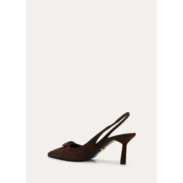Prada 75mm Puffy Triangle Logo Suede Slingback Pumps